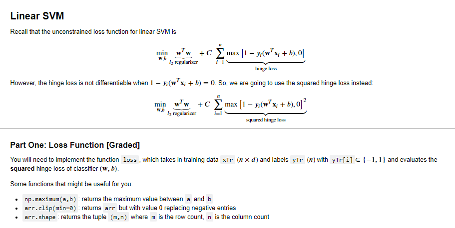 Solved Linear SVM Recall that the unconstrained loss | Chegg.com
