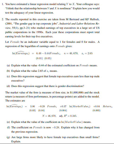 Solved 1. You have estimated a linear regression model | Chegg.com