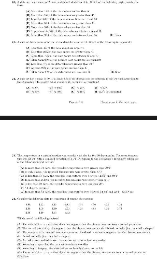 Solved 20. A data set has a mean of 20 and a standard | Chegg.com