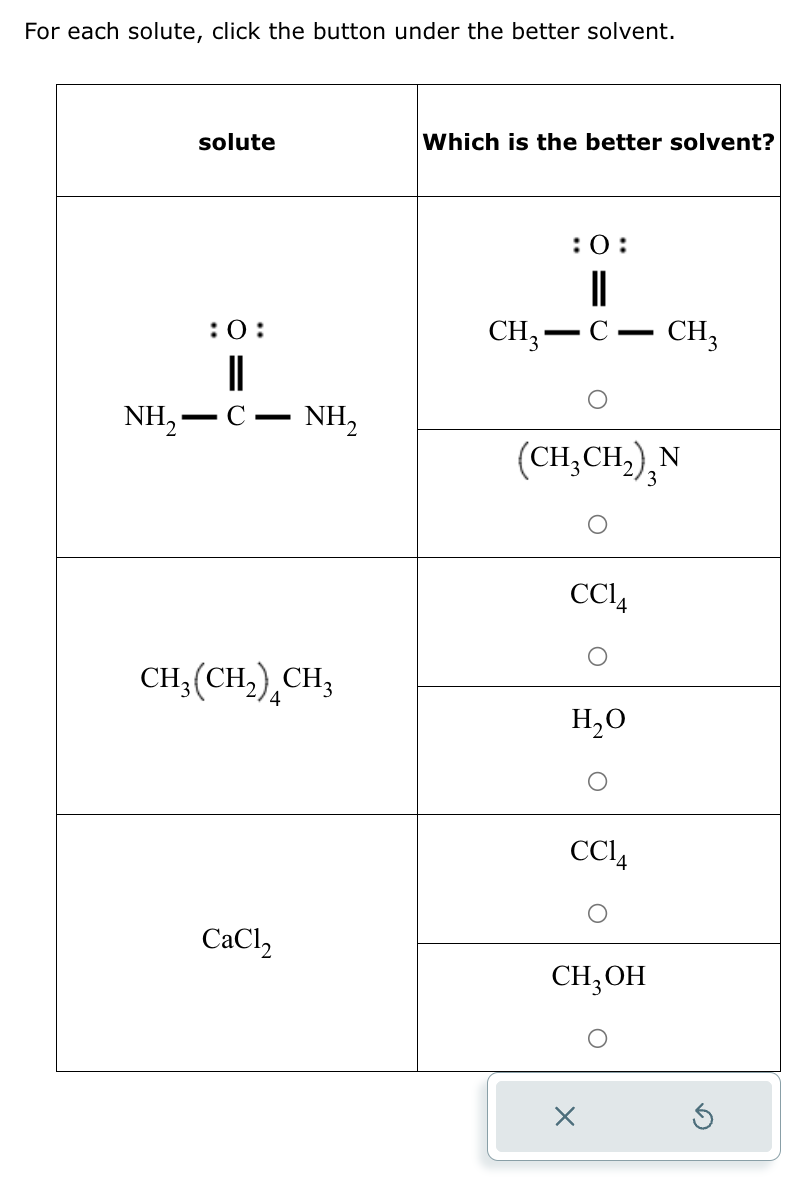 Solved For each solute, click the button under the better | Chegg.com