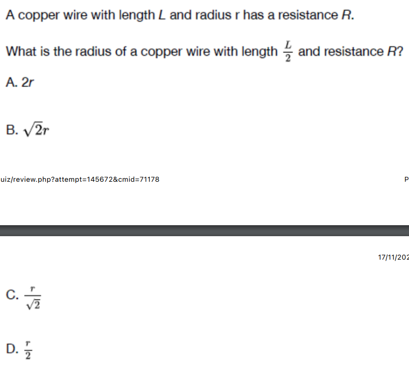 Solved A copper wire with length L and radius r has a | Chegg.com