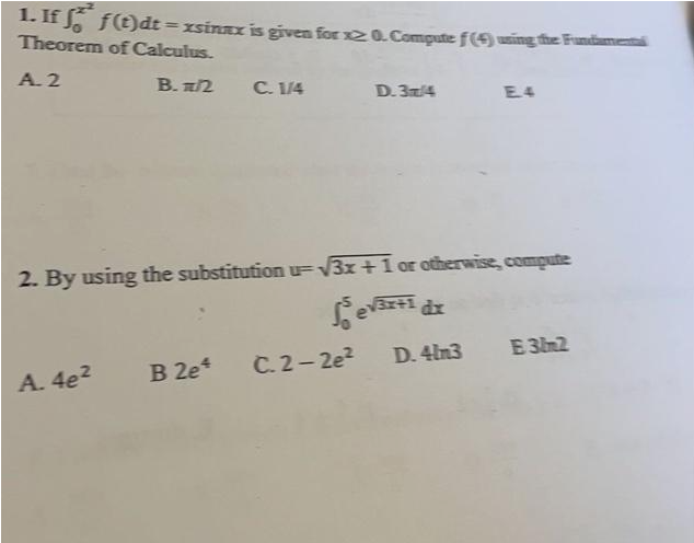 Solved 1. If ∫0x2f(t)dt=xsinxx is given for x≥0. Compure | Chegg.com
