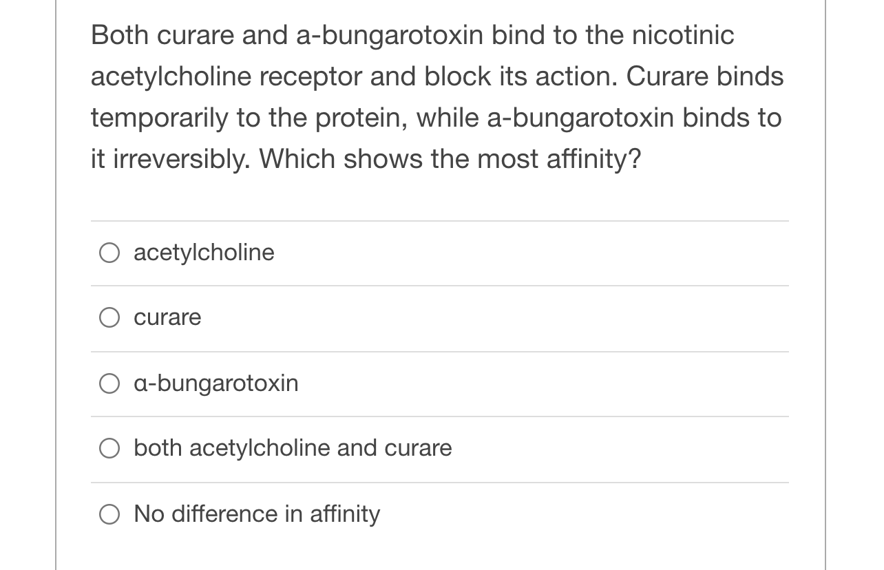 Solved Both curare and a-bungarotoxin bind to the nicotinic | Chegg.com