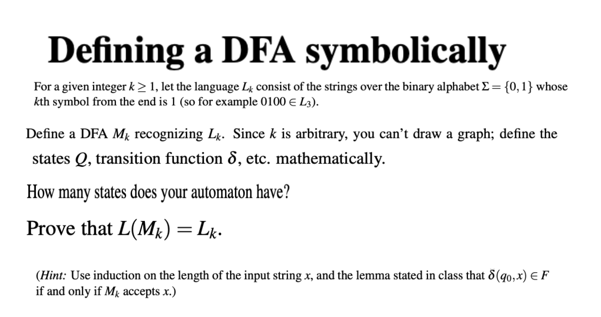 Solved Defining a DFA symbolically For a given integer k > | Chegg.com