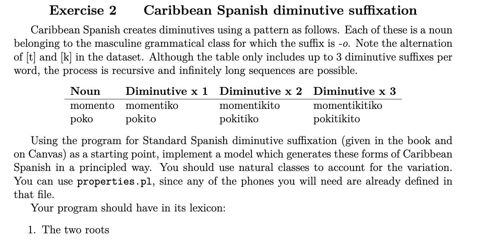 Exercise 2 Caribbean Spanish diminutive suffixation | Chegg.com