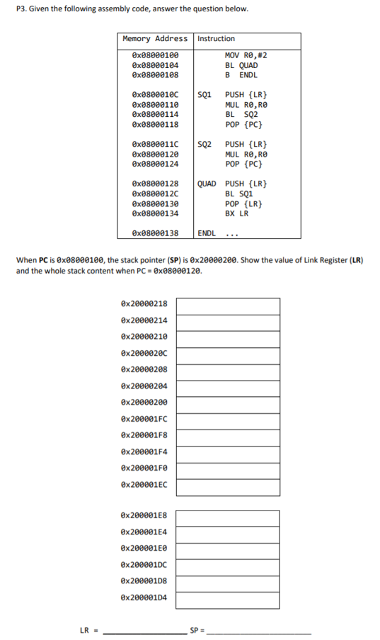 Solved P3. Given the following assembly code, answer the | Chegg.com