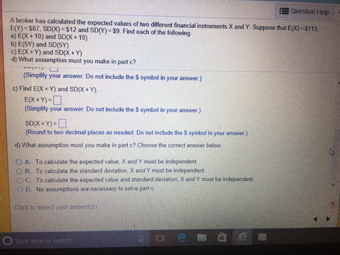 Solved A broker has calculated the expected values of two | Chegg.com