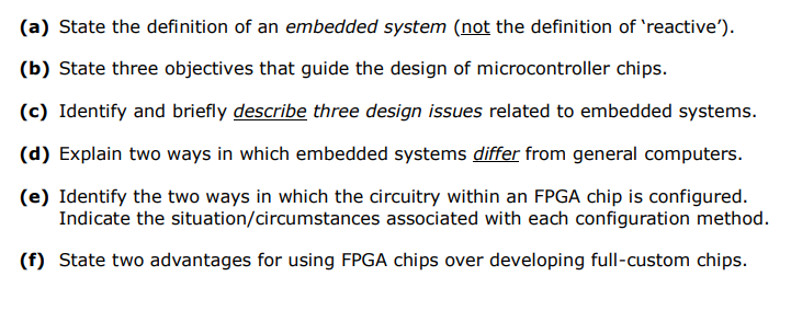 Solved (a) State the definition of an embedded system (not | Chegg.com