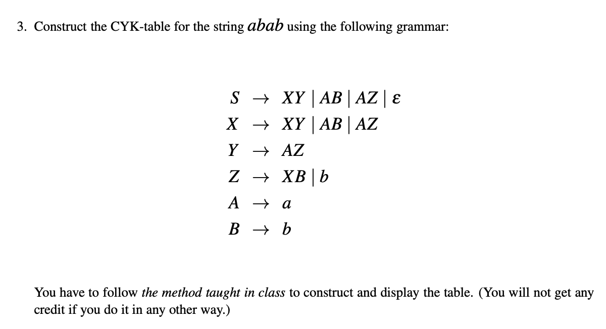 Solved 3. Construct the CYK-table for the string abab using | Chegg.com