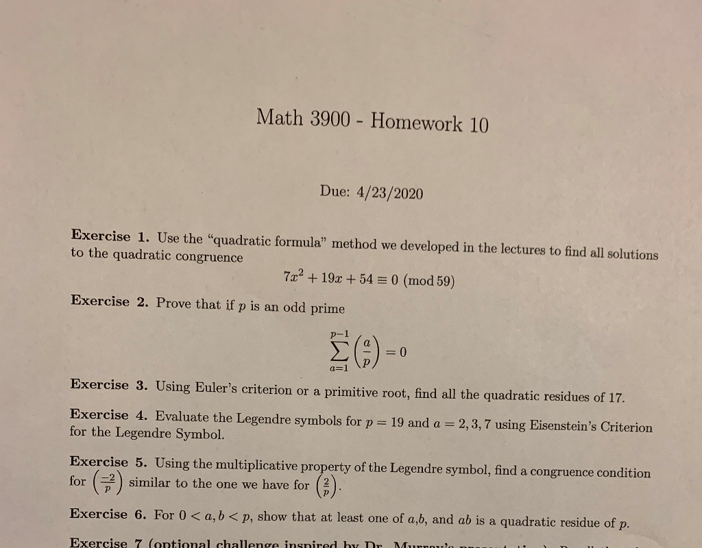 Solved Math 3900 - Homework 10 Due: 4/23/2020 Exercise 1. | Chegg.com