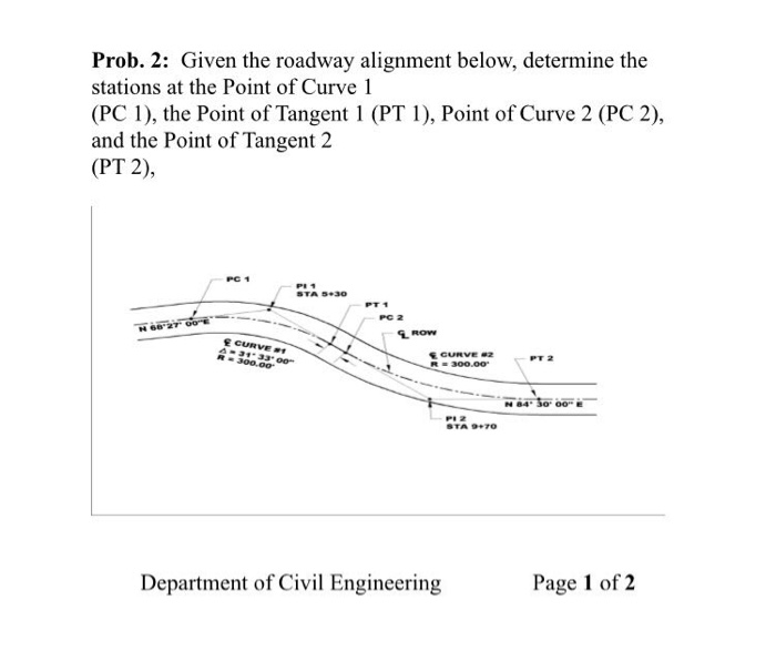 Solved Prob. 2: Given the roadway alignment below, determine | Chegg.com