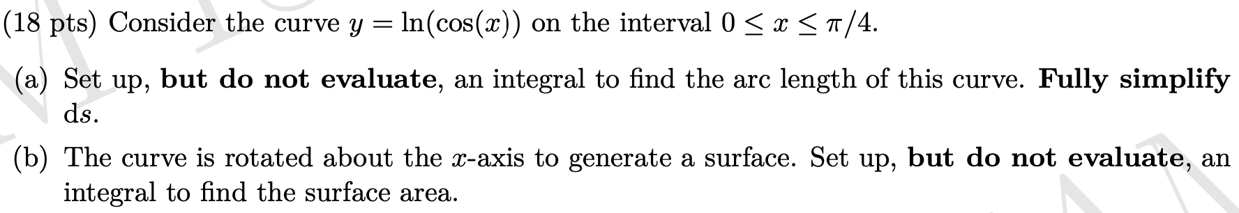 Solved Consider the curve y=ln(cos(x)) ﻿on the interval | Chegg.com