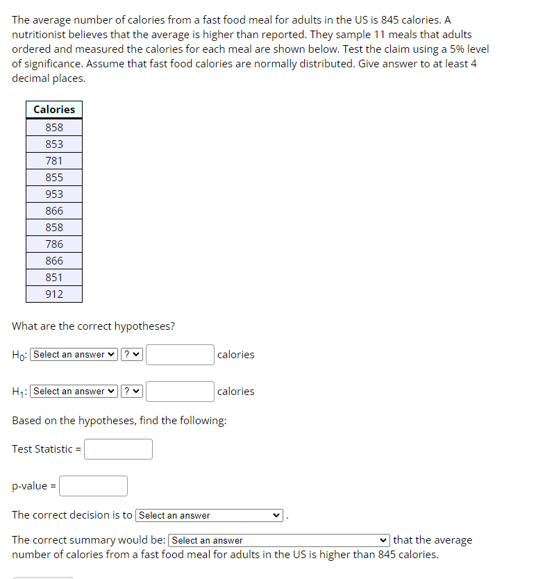 Solved The average number of calories from a fast food meal | Chegg.com