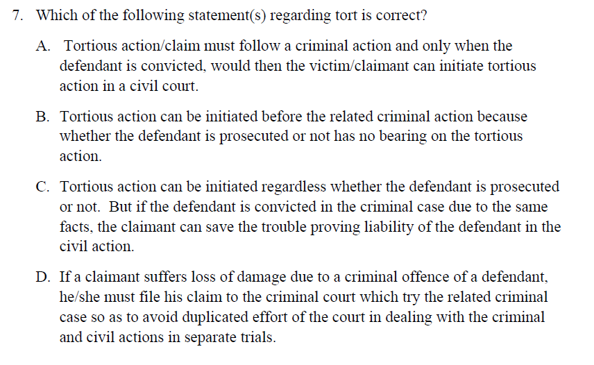Solved 7. Which of the following statement(s) regarding tort | Chegg.com