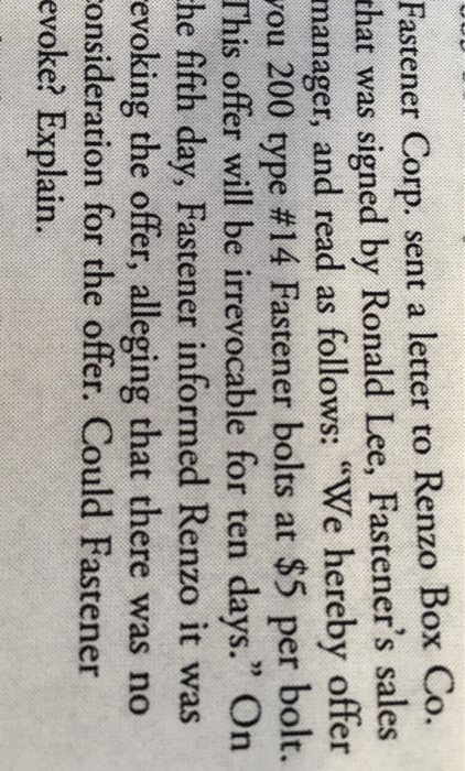 Solved Fastener Corp. sent a letter to Renzo Box Co. that | Chegg.com