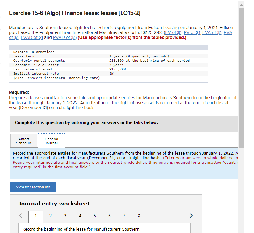Solved Exercise 15-6 (Algo) Finance lease; lessee (LO15-2] | Chegg.com