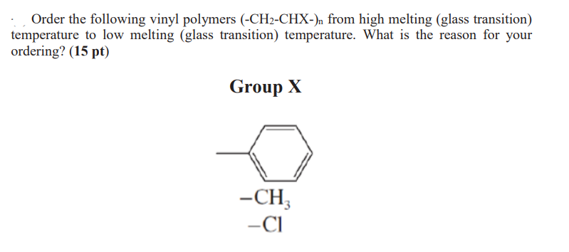 Solved Order the following vinyl polymers (-CH2-CHX-)n from | Chegg.com