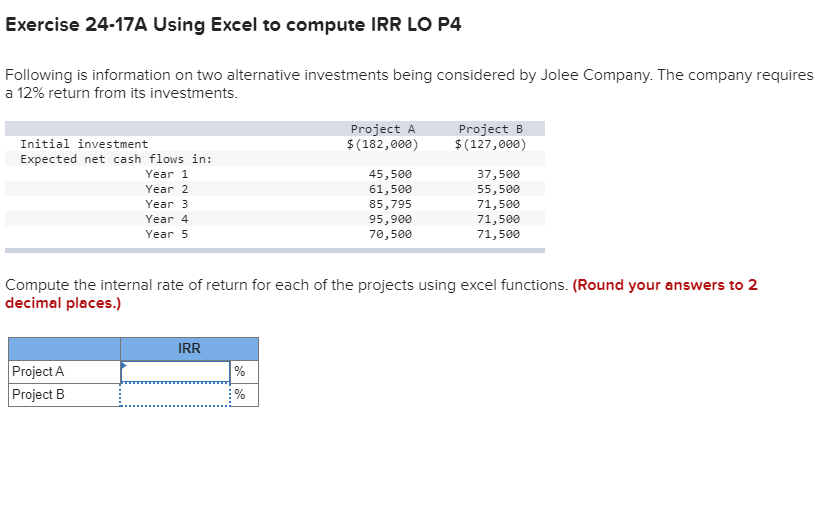 Solved Exercise 24-17A Using Excel to compute IRR LO P4 | Chegg.com