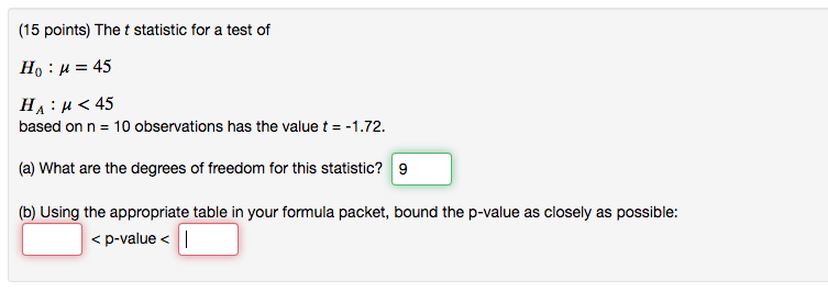 Solved (15 points) Thet statistic for a test of H, :u = 45 | Chegg.com
