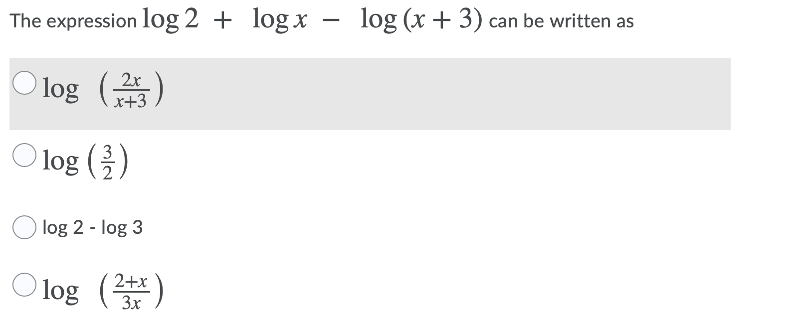 Solved The expression log 2 + log x - log (x + 3) can be | Chegg.com