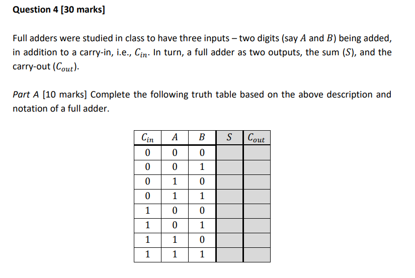 Solved Question 4 [30 ﻿marks] ﻿Full adders were studied in | Chegg.com