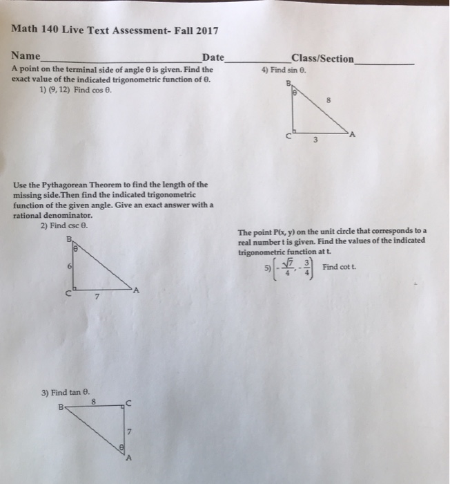 Solved Math 140 Live Text Assessment- Fall 2017 Name Date | Chegg.com
