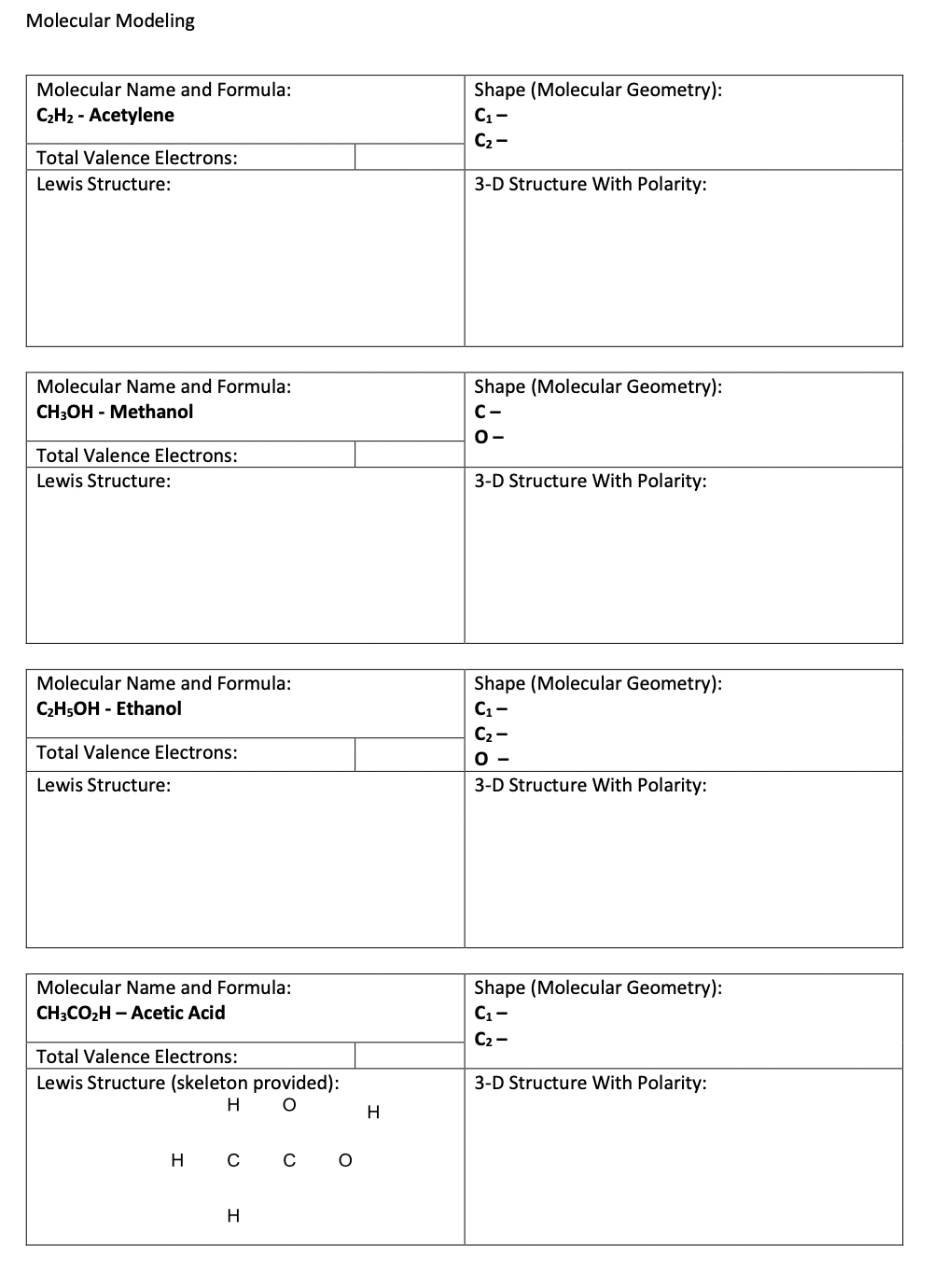 Solved Molecular Modeling The following worksheet is | Chegg.com