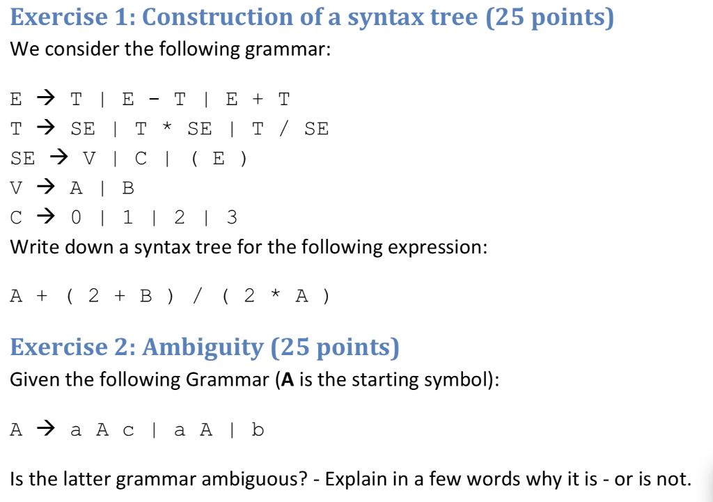 Solved Exercise 1: Construction of a syntax tree (25 points) | Chegg.com