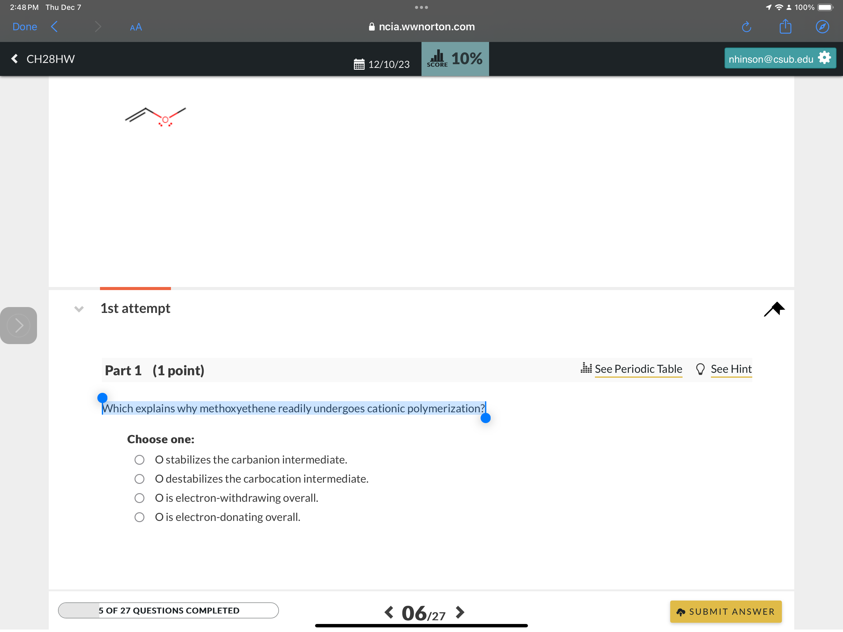 Solved Part 1 (1 ﻿point)Which explains why methoxyethene | Chegg.com