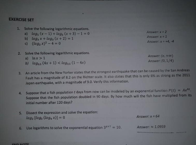 Solved EXERCISE SET 1. Solve the following logarithmic | Chegg.com