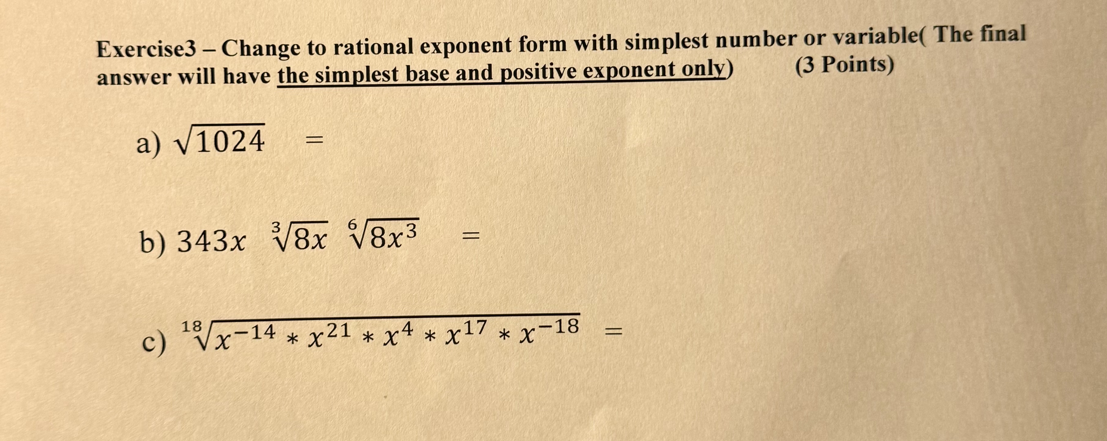 Solved Exercise3 - ﻿Change to rational exponent form with | Chegg.com