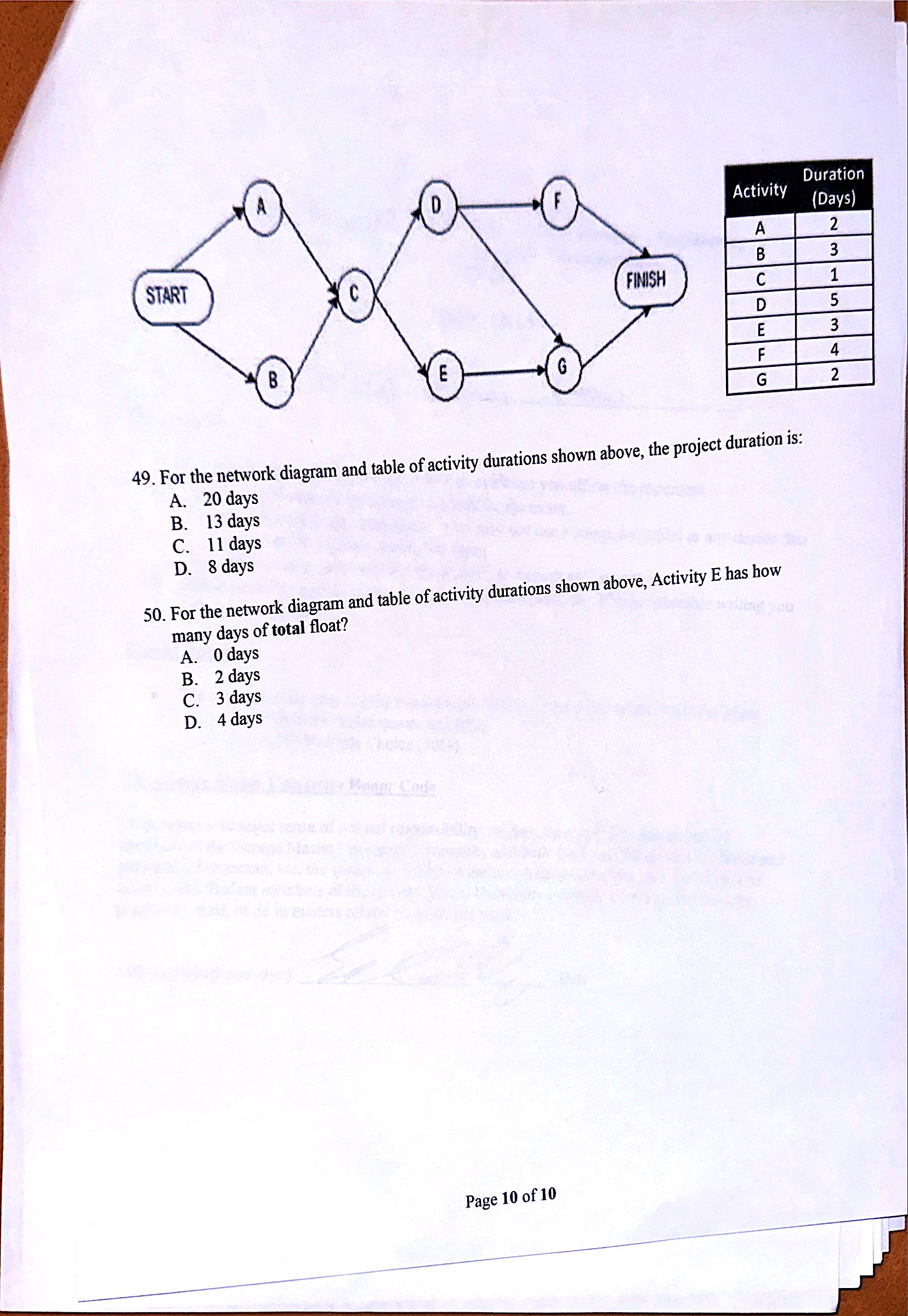 Solved 49. For the network diagram and table of activity | Chegg.com