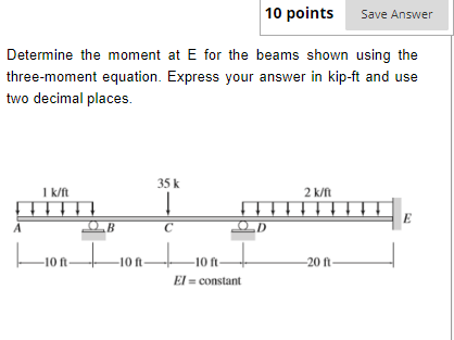Solved Determine the moment at E for the beams shown using | Chegg.com