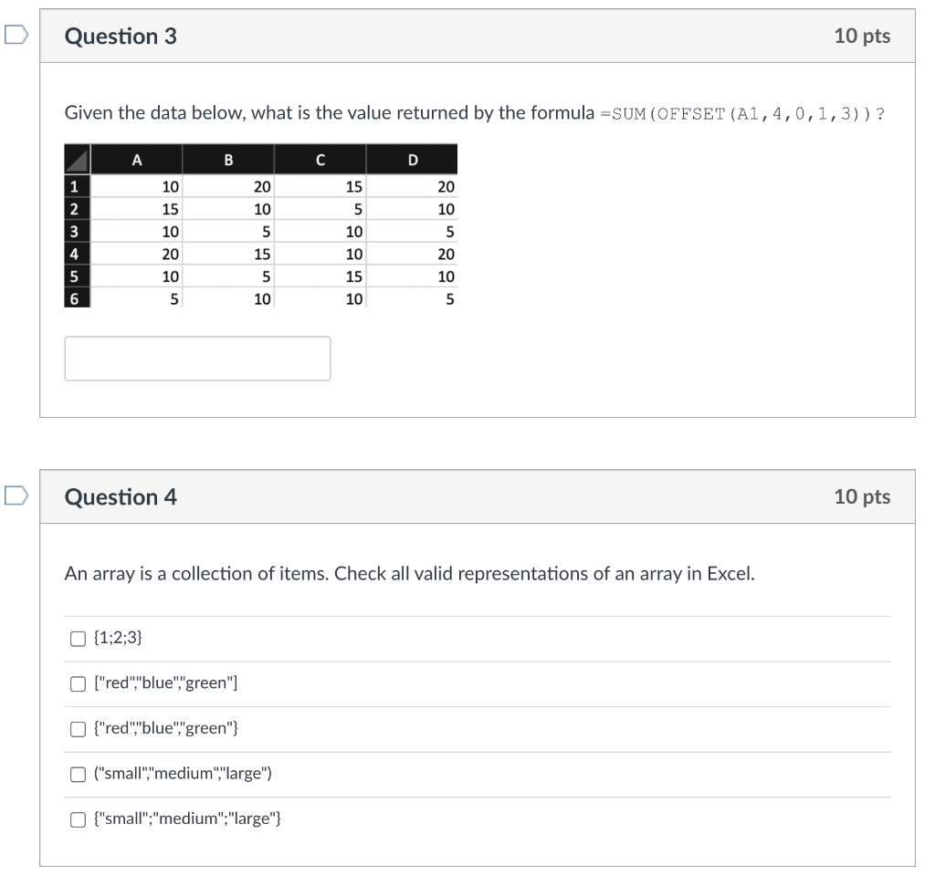 Solved Question 3 10 pts Given the data below, what is the | Chegg.com