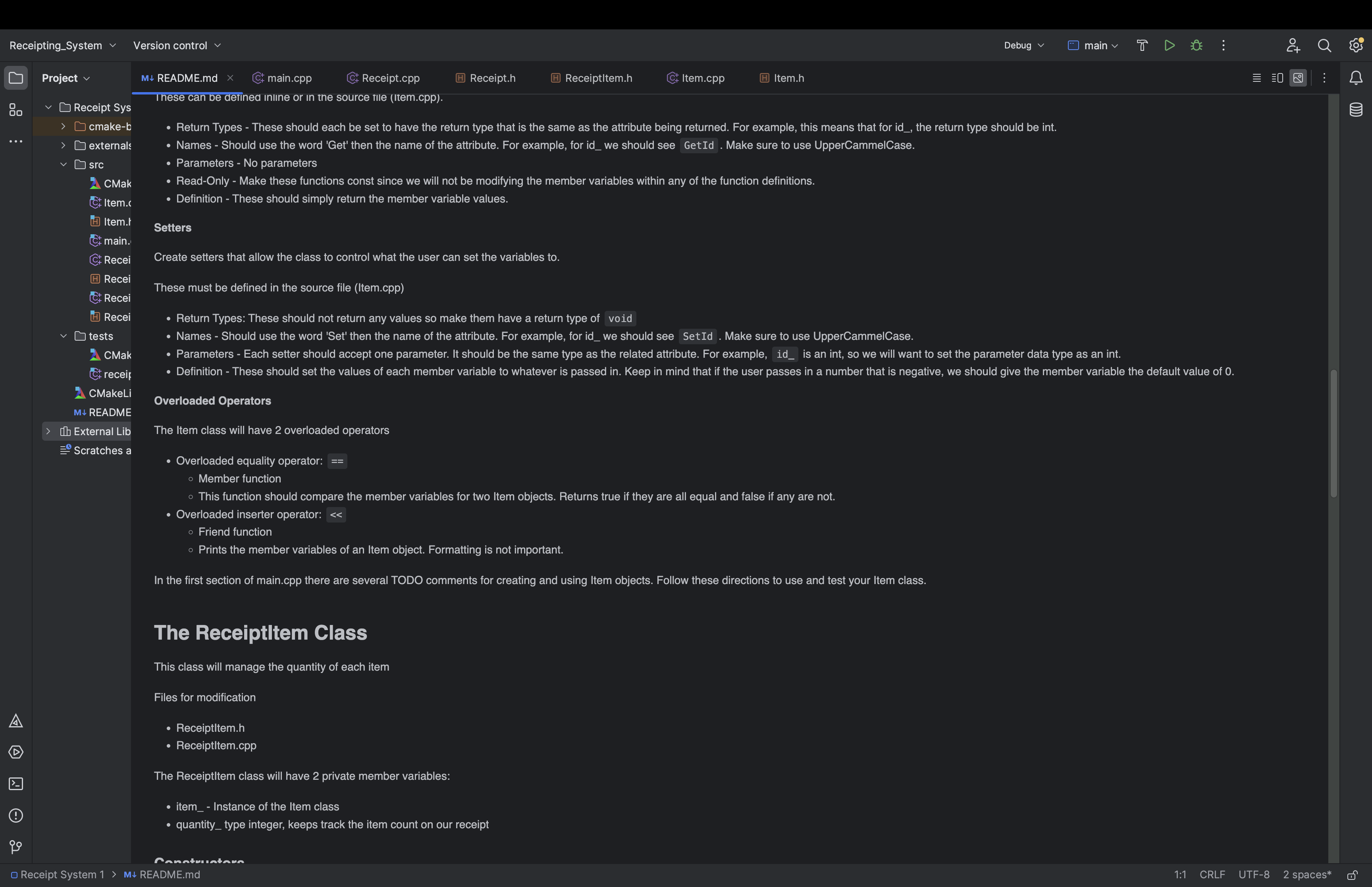 M ↓ README.md C++main.cpp c++Receipt.cpp [H Receipt.h | Chegg.com