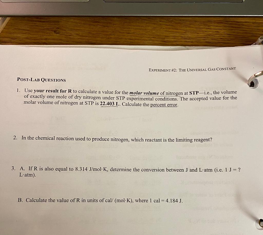 Solved EXPERIMENT \#2: THE UNIVERSAL GAS CONSTANT Post-Lab | Chegg.com
