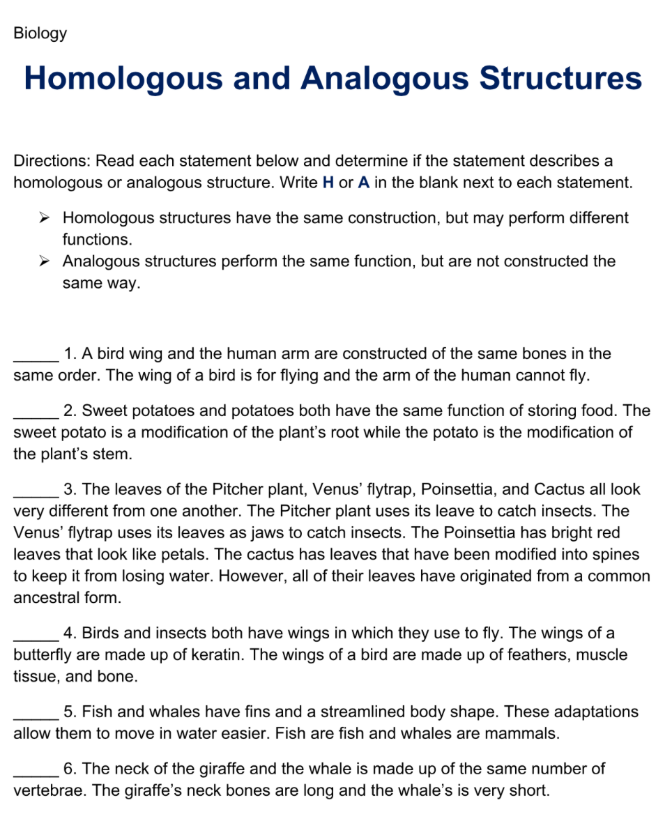 Solved Biology Homologous and Analogous Structures | Chegg.com