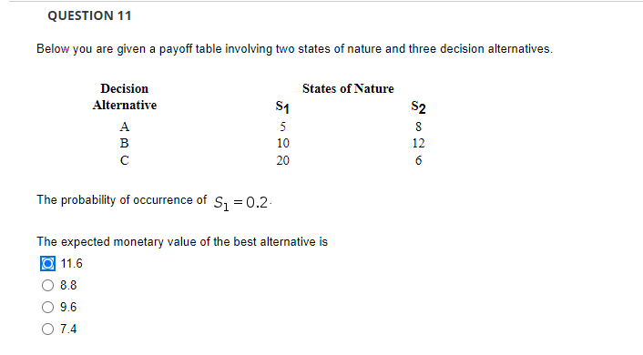 Solved QUESTION 11 Below you are given a payoff table | Chegg.com