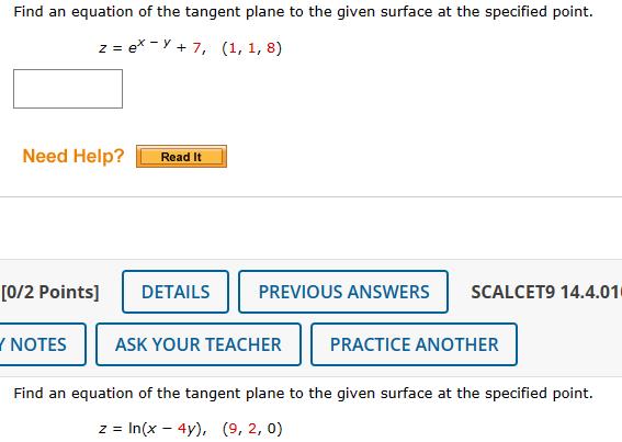 Solved z=ex−y+7,(1,1,8) 0/2 Points] SCALCET9 14.4.0 Find an | Chegg.com