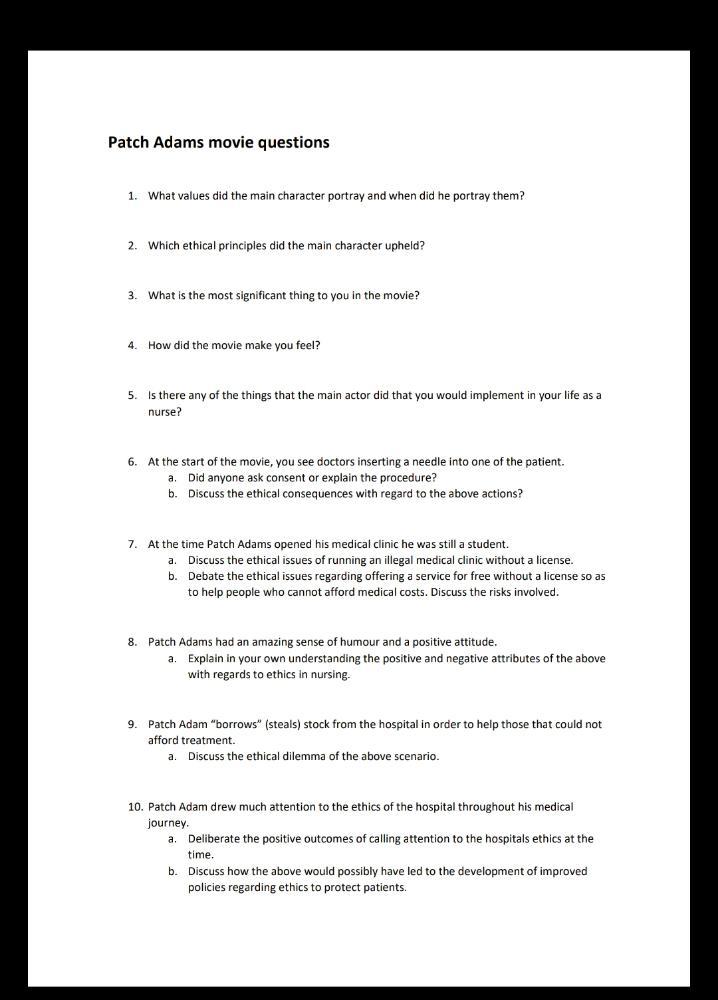 Patch Adams movie questions 1. What values did the | Chegg.com