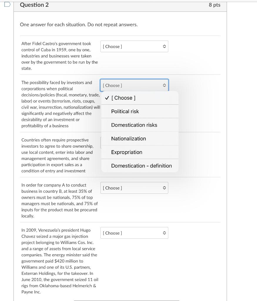 Solved Question 2 8 pts One answer for each situation. Do | Chegg.com