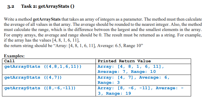 Solved Write a method getArrayStats that takes an array of | Chegg.com