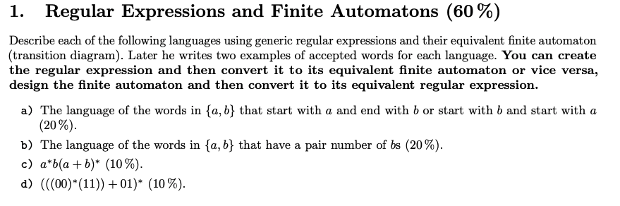 Solved 1. Regular Expressions and Finite Automatons (60 %) | Chegg.com