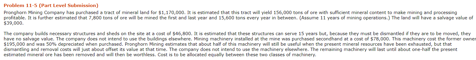 Solved Problem 11-5 (Part Level Submission) Pronghorn Mining | Chegg.com