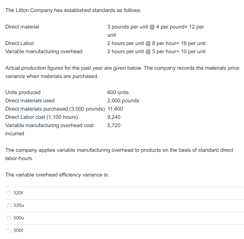 Solved The Litton Company has established standards as | Chegg.com