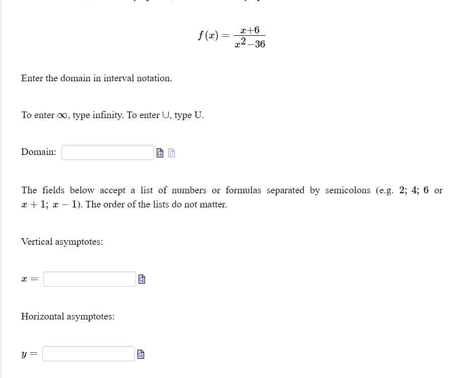 Solved f(x)=x+6x2-36Enter the domain in interval notation.To | Chegg.com