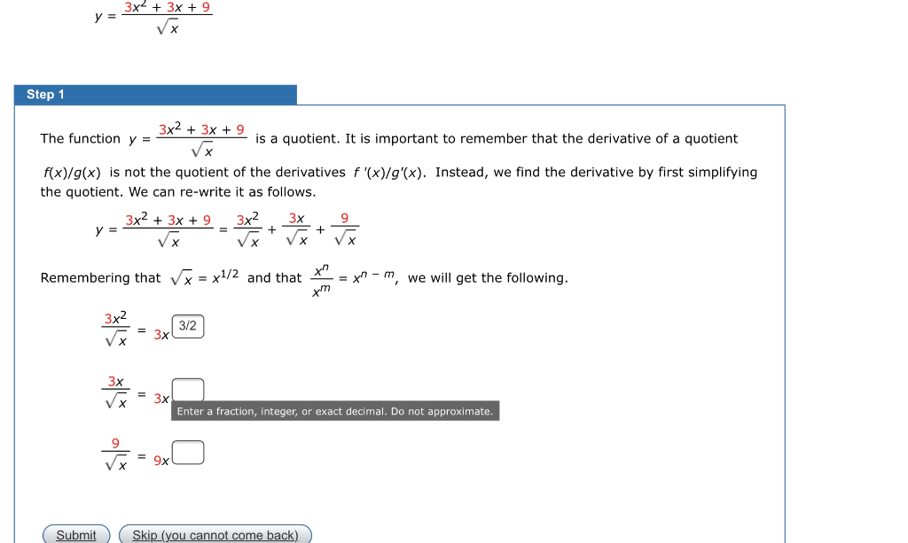 Solved 3x + 3x + 9 y = √x Step 1 3x2 + 3x + 9 The function y | Chegg.com