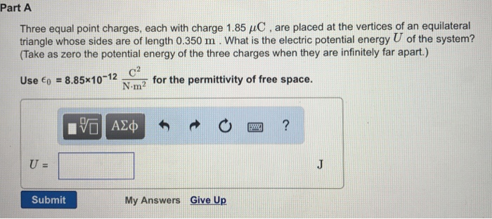 Solved Three equal point charges, each with charge 1.85 mu | Chegg.com