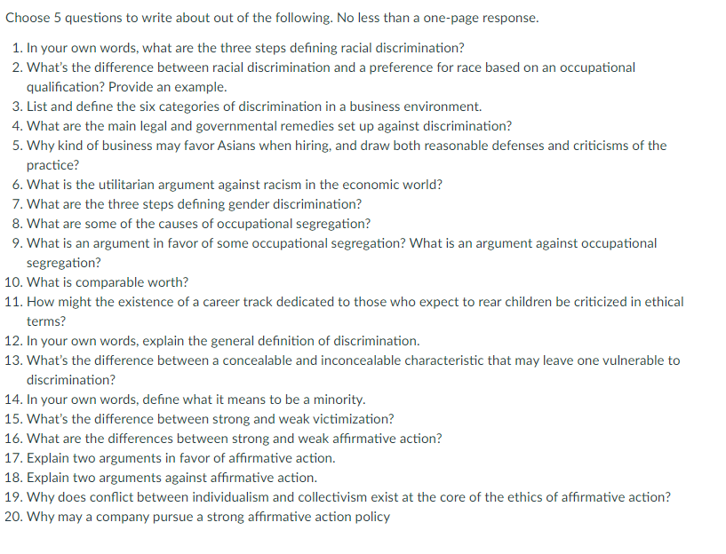 Solved Choose 5 questions to write about out of the | Chegg.com