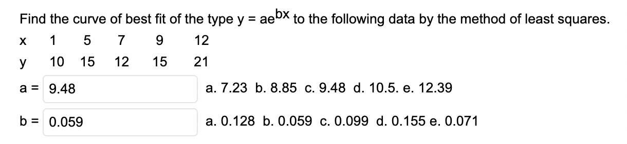 Solved Find the curve of best fit of the type y=aebx to the | Chegg.com